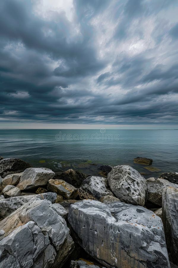 A Cloudy Sky Over the Ocean with Rocks on the Shore Stock Image - Image ...