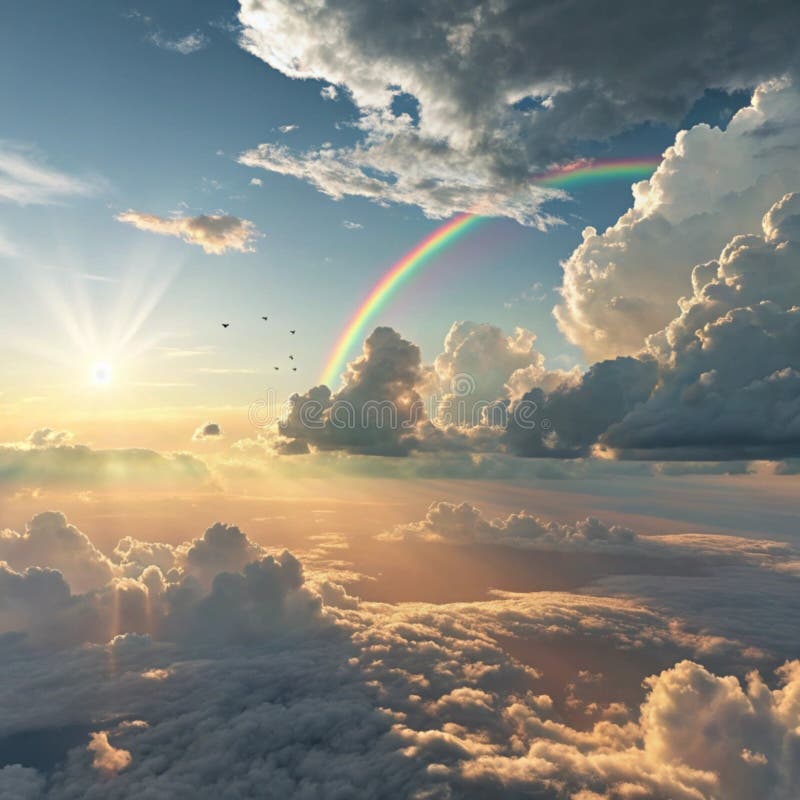 A Cloudy Sky with a Rainbow "Rainbow Bliss in the Clouds" Stock Photo - Image of cloud, cloudy ...