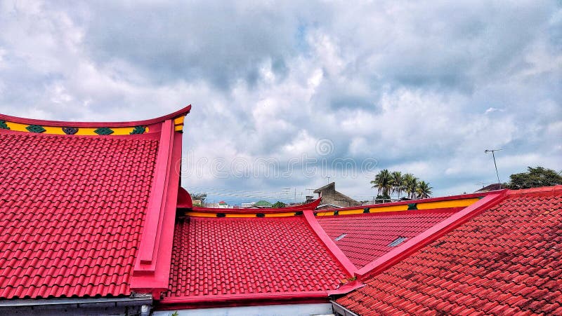 Cloudy sky and Red rooftop stock photo. Image of raining - 263875706