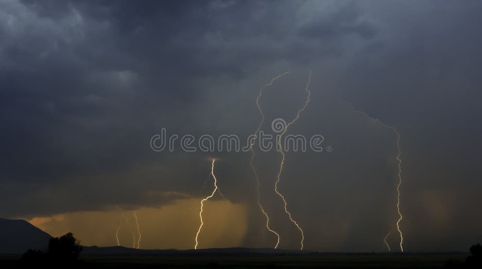 Cloudy Sky with Visible Lightnings while Raining at Mountain Lan Stock ...