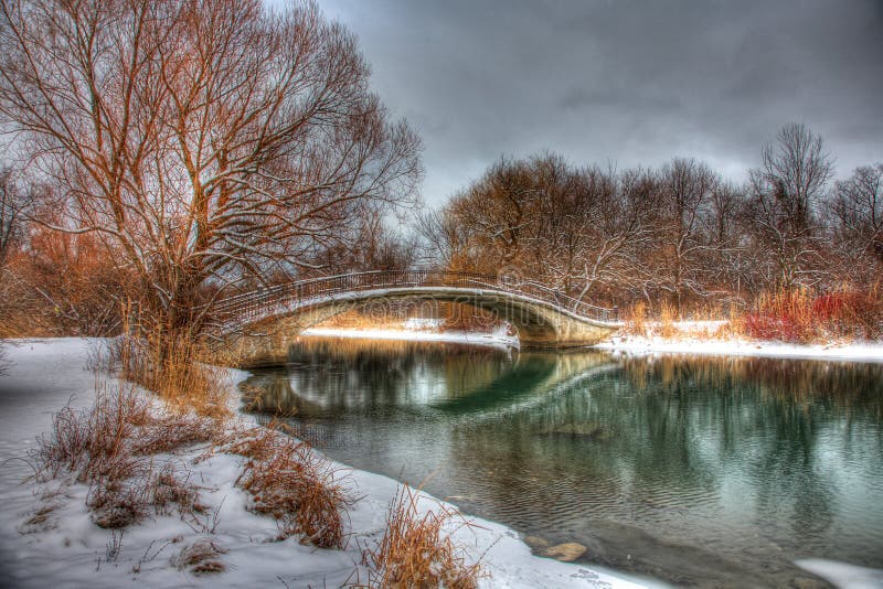 Cloudy Snowy Outdoor Winter Park Scene Stock Photo - Image of stream ...