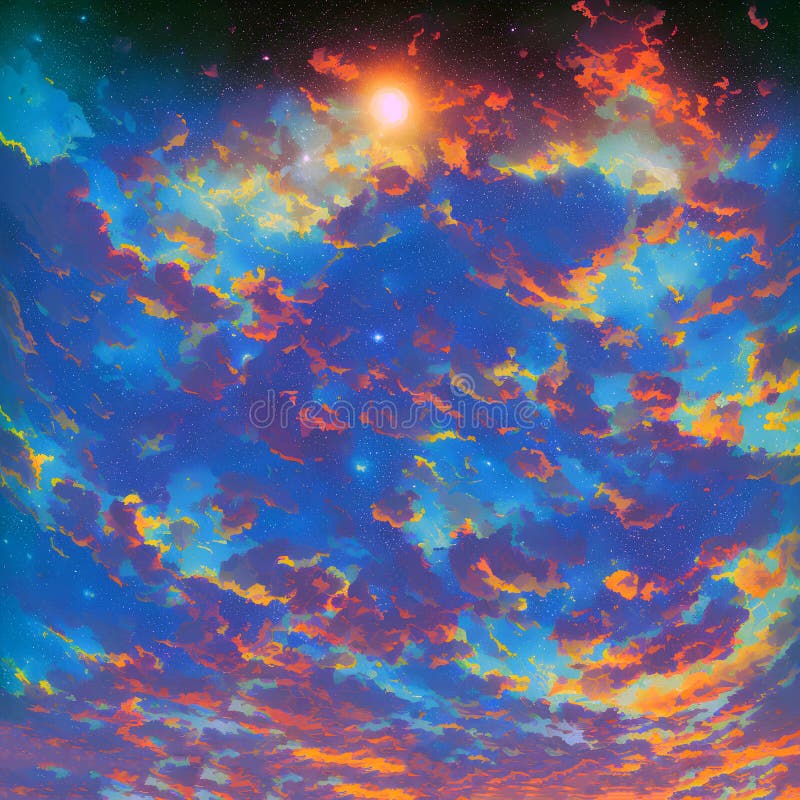 A Cloudy Starry Colorful Sky with a Glowing Star Stock Illustration ...