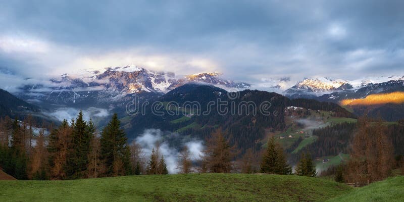 Cloudy Sunrise Over Dolomites Mountains Stock Image - Image of house ...
