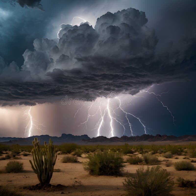 Cloudy Thunder Thunderstorm Lightning Bolt in the Desert Stock ...