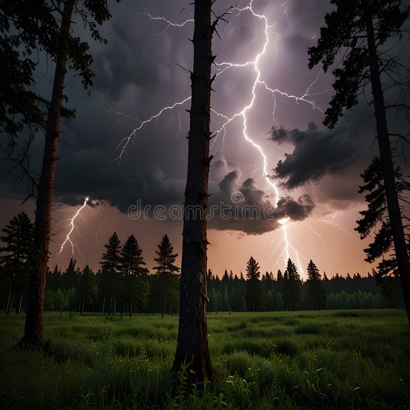 Cloudy Thunder Thunderstorm Lightning Bolt Forest Stock Illustration ...