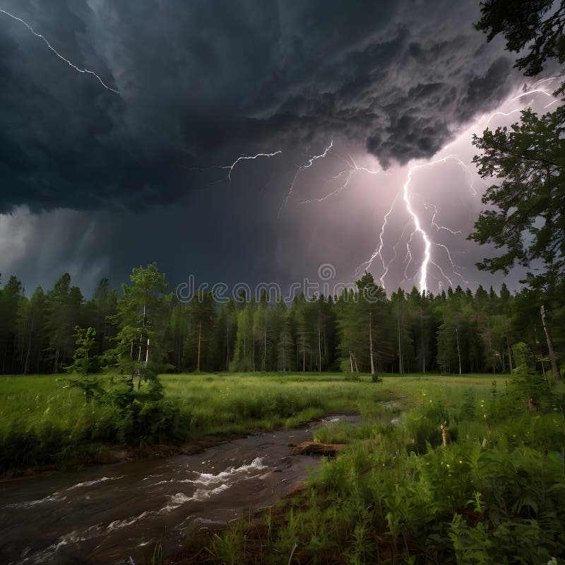 Cloudy Thunder Thunderstorm Lightning Bolt Forest Stock Illustration ...