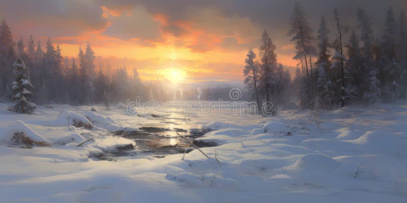 Cloudy Winter Snow Landscape, Mysterious Light, Sunset, Rich Colors ...