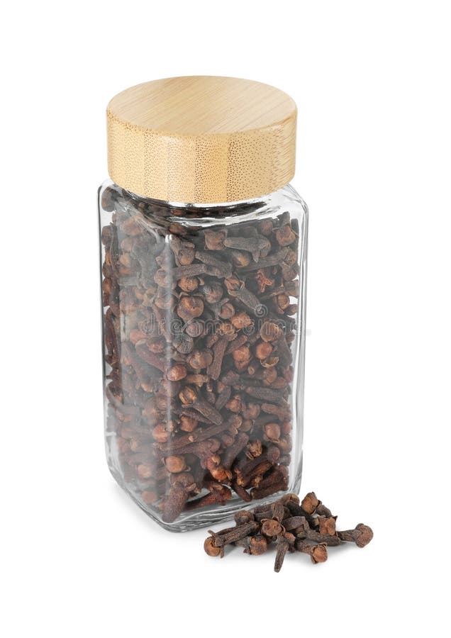 Clove Buds in Glass Jar Isolated on White Stock Photo - Image of ...