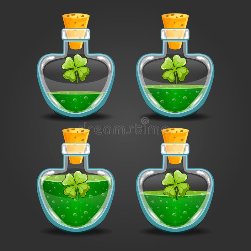 Set with Bottles of Clover Potion Stock Vector - Illustration of game ...