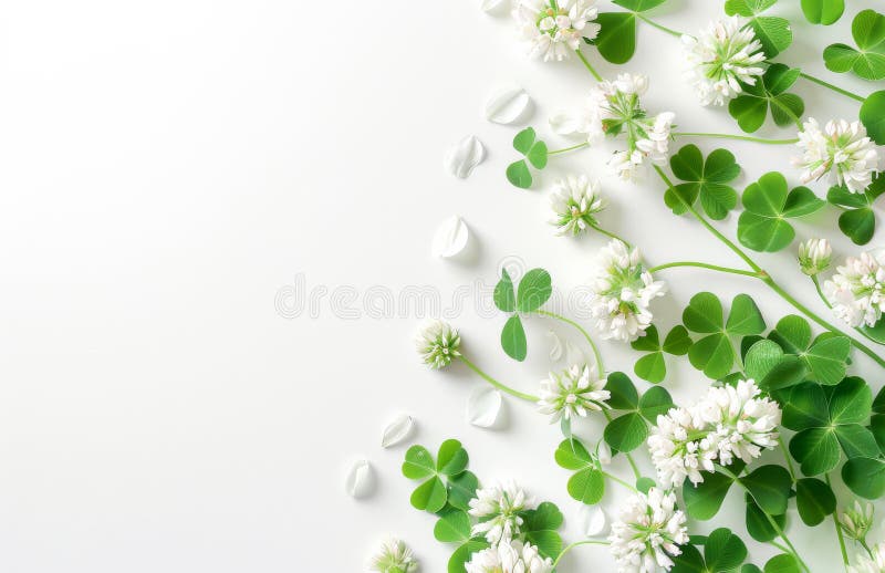 Clover Flowers and Leaves in Corner on White Background Stock Photo ...