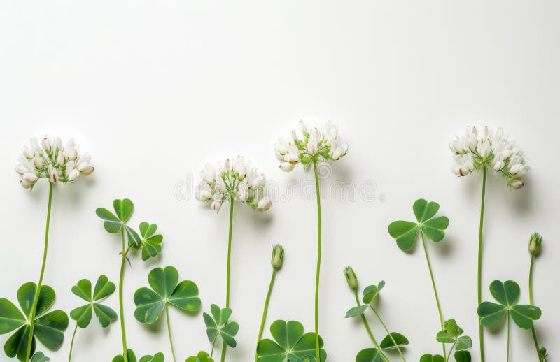 Clover Flowers and Leaves in Row on White Background Stock Photo ...