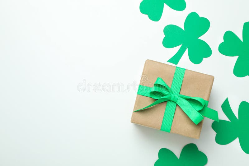 Clover Leaves and Gift Box on White Background Stock Photo - Image of ...