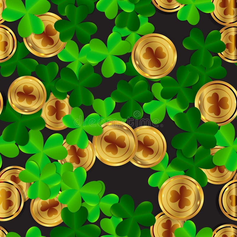 Clover Leaves with Golden Coin Seamless Pattern Background Vector ...