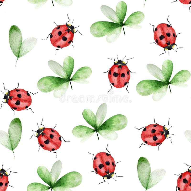Clover Leaves and Red Beetle with Black Spots Watercolor Seamless ...