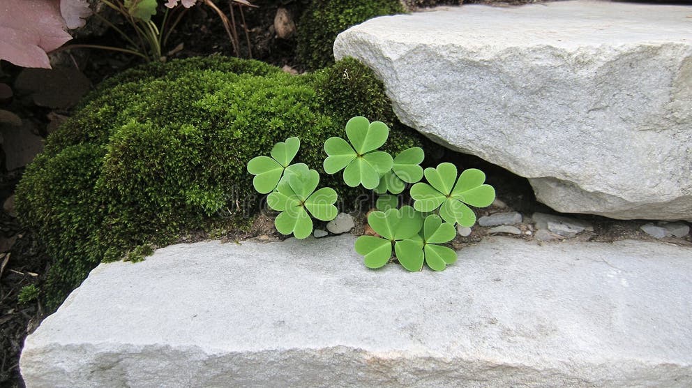 Clover Sprouting between Garden Stones, Moss Background Stock Photo ...