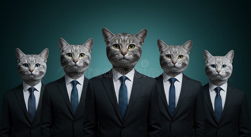 A Clowder of Felines Formally Dressed in Business Attire Against Teal ...
