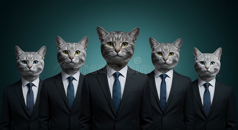 A Clowder of Felines Formally Dressed in Business Attire Against Teal ...