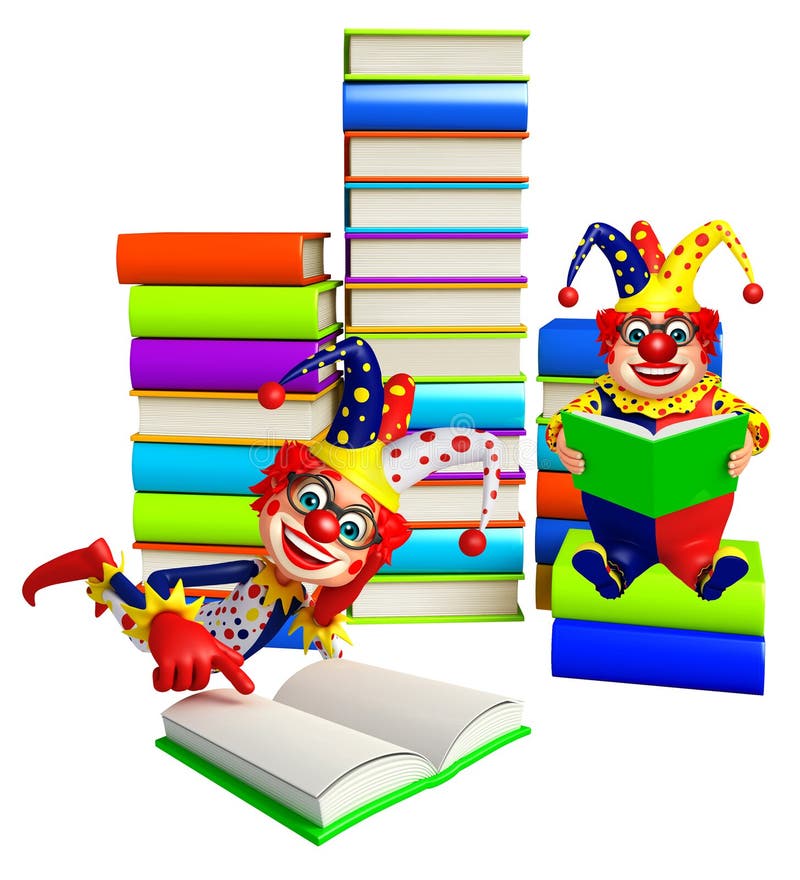 Clown with Book Stack & Book Stock Illustration - Illustration of ...