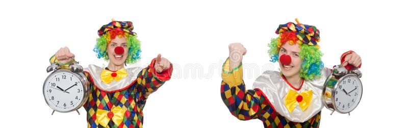 The Clown with Clock Isolated on White Stock Photo - Image of comic ...