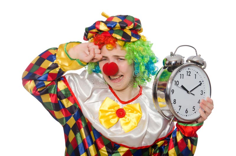 Clown with Clock Isolated on White Stock Image - Image of humour, fool ...