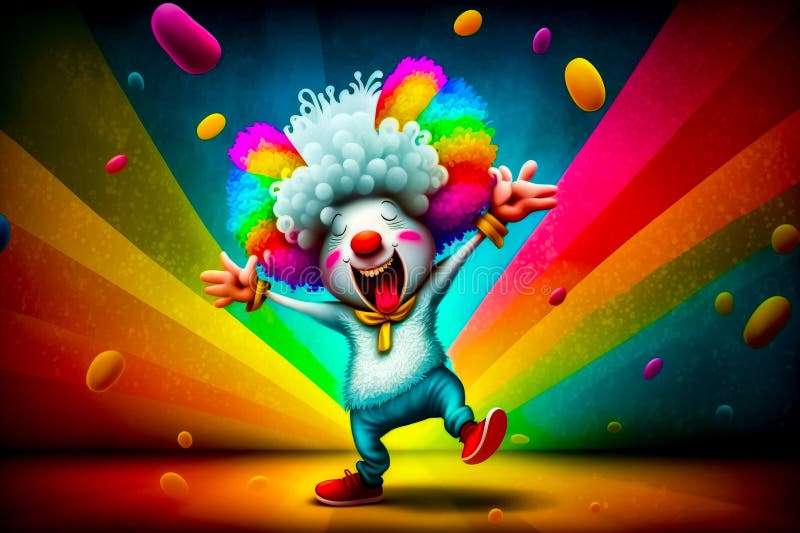 Clown is Dancing with His Hands in the Air and Rainbow Background ...