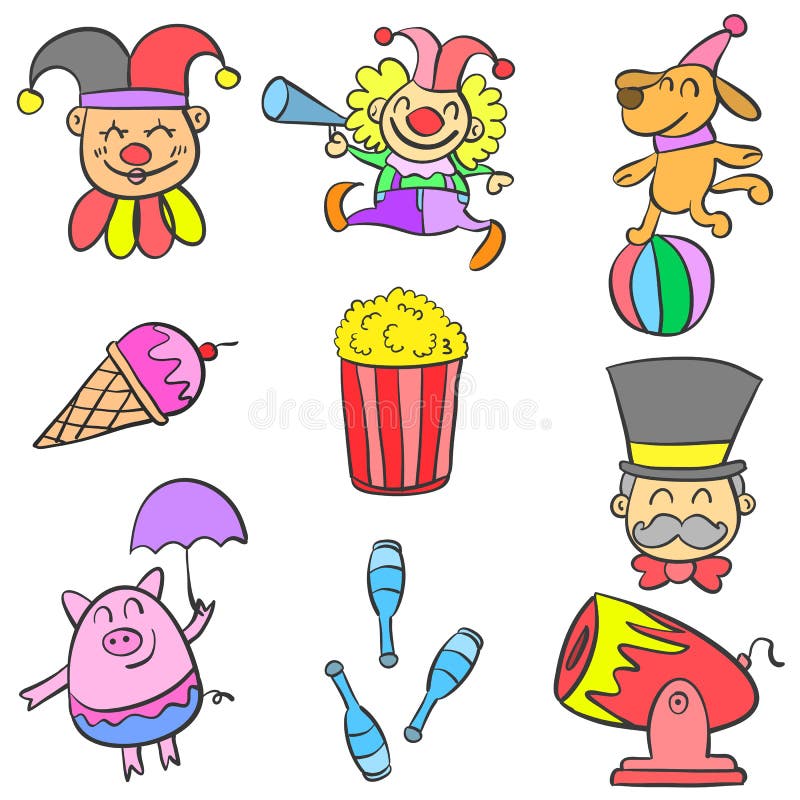 Clown and Element Circus Doodles Stock Vector - Illustration of doodle ...