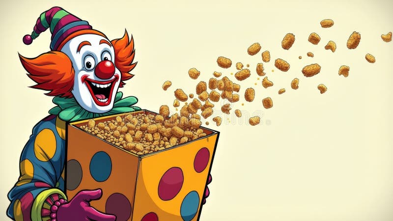 Clown is Holding a Box of Popcorn and is Surrounded by a Cloud of ...