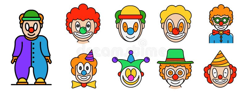 Clown Icons Set Line Color Vector Stock Vector - Illustration of ...