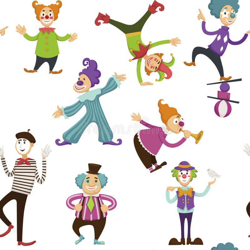 Clown and Mime Entertaining People Seamless Pattern Vector. Stock ...