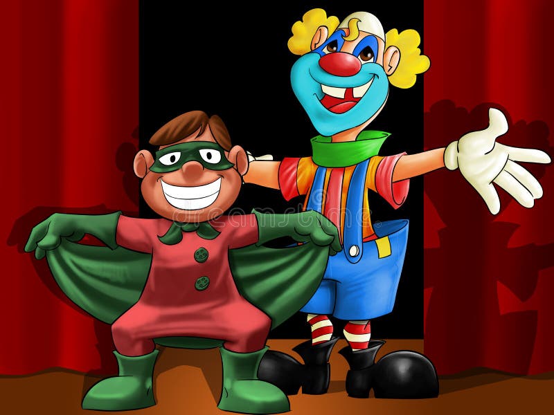 Clown and mini hero stock illustration. Illustration of hold - 19726979