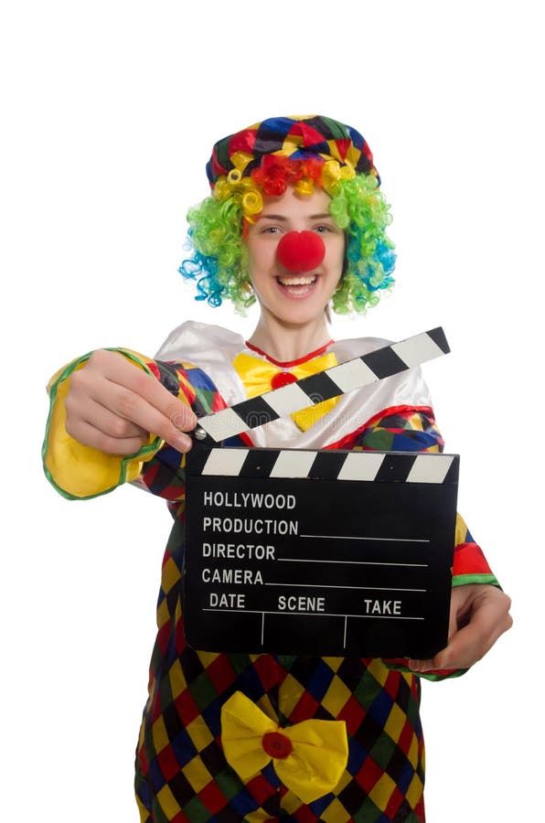 Clown with Movie Clapper Isolated on White Stock Photo - Image of happy ...