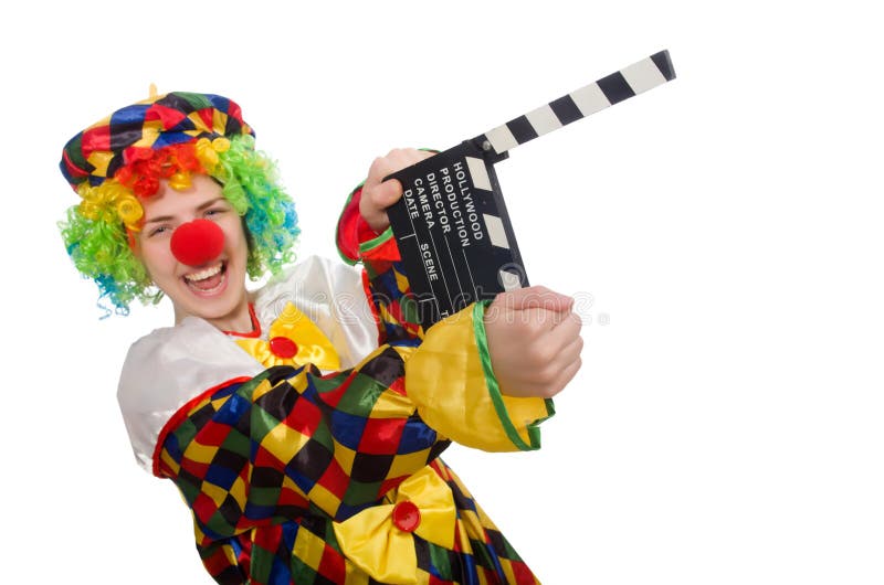 Clown with Movie Clapper Isolated on White Stock Photo - Image of ...