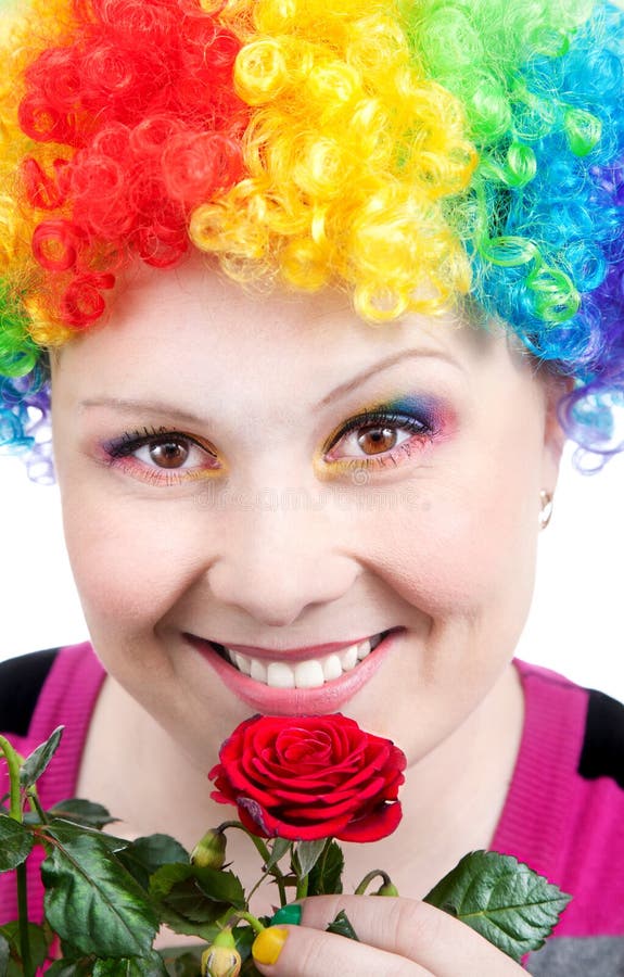 Clown with Rainbow Make Up with Rose Stock Photo - Image of purple ...