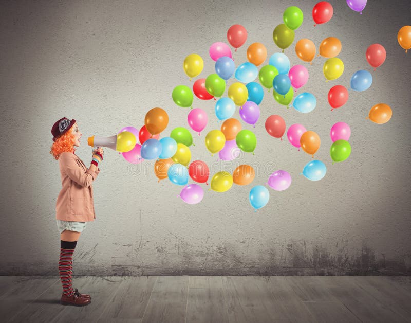 Clown screams balloons stock photo. Image of message - 50966918