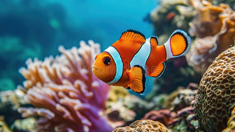Clownfish Exploring the Coral Reef in the Ocean Stock Photo - Image of ...