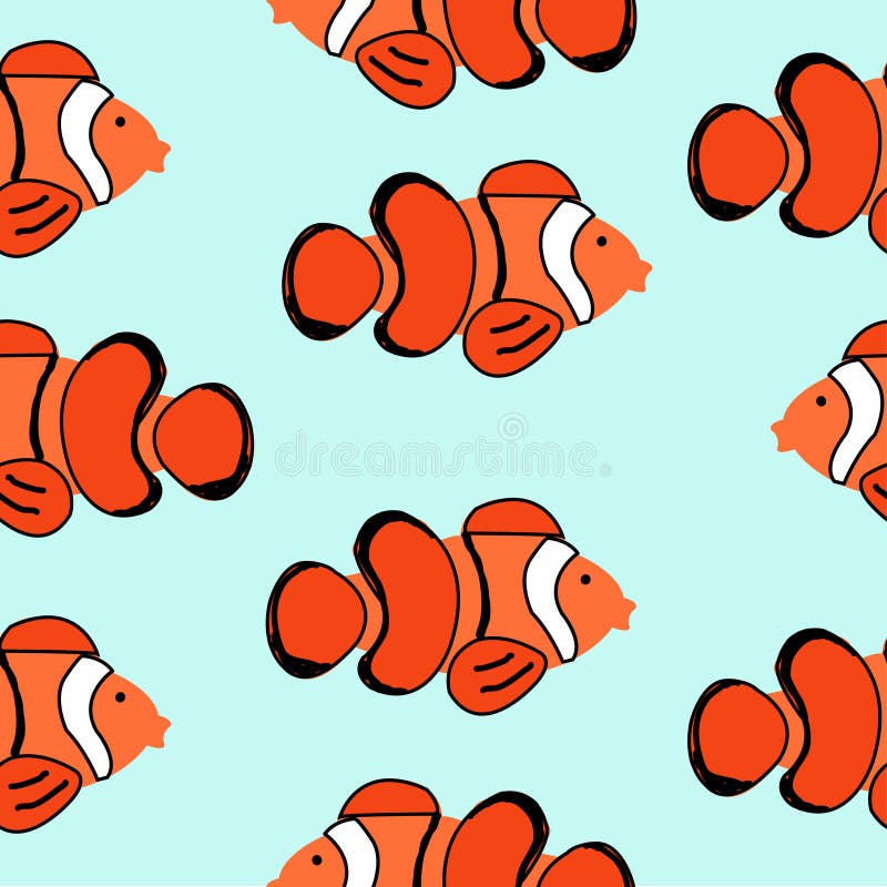 Clownfish Hand Drawn Seamless Pattern on Light Blue Background Stock ...