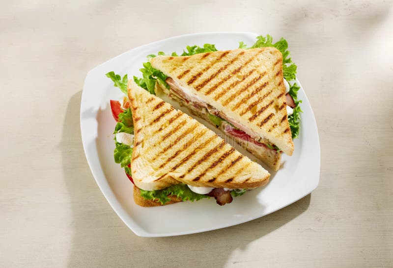 Club Sandwich on White Plate Stock Photo - Image of juicy, toasted ...