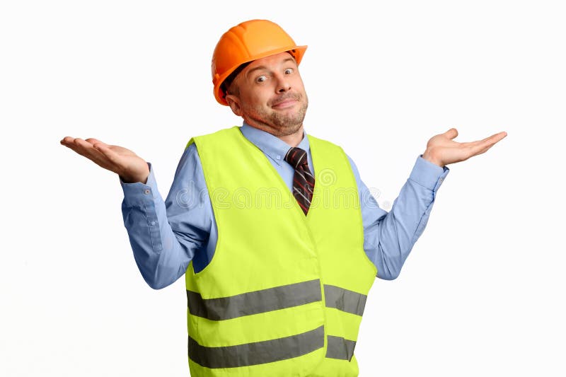 Clueless Builder Worker Shrugging Shoulder Over White Background ...