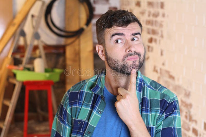 Clueless Man Renovating His Home Stock Image - Image of builder, male ...
