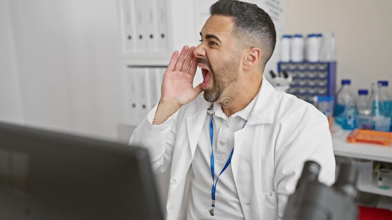 Clueless Young Hispanic Man in Scientist Uniform at Lab, Rambling on ...