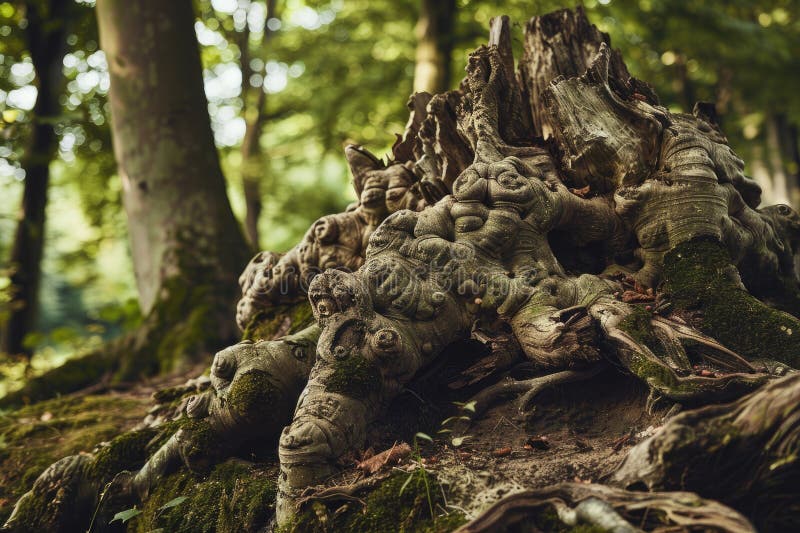 A Clump of Tangled Roots Emerging from a Tree Trunk Stock Illustration ...