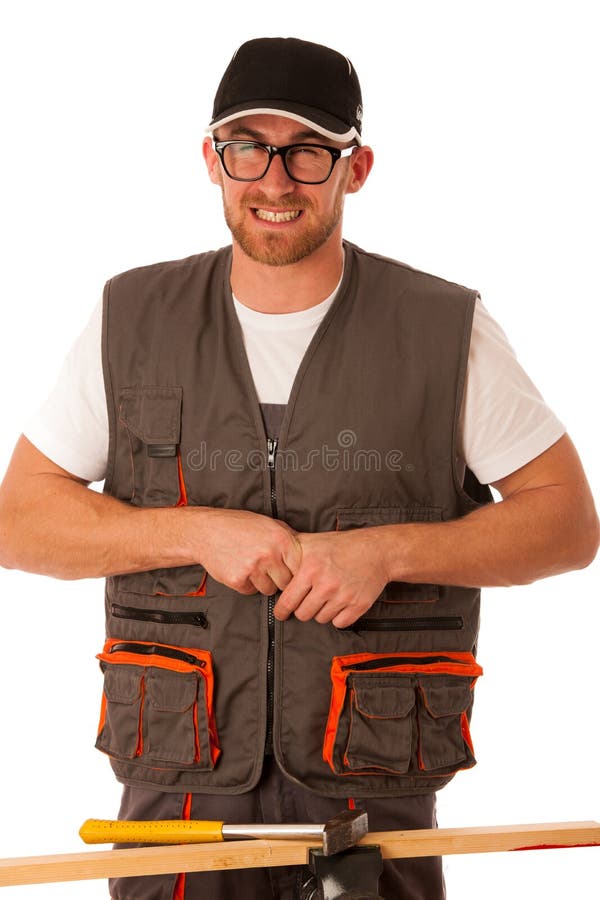 Clumsy Carpenter Punches Finger while Hammering Nail with Hammer Stock ...