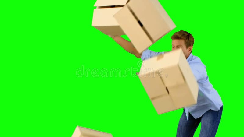 Clumsy Caucasian Delivery Man Falls To the Ground and Drops Cardboard ...