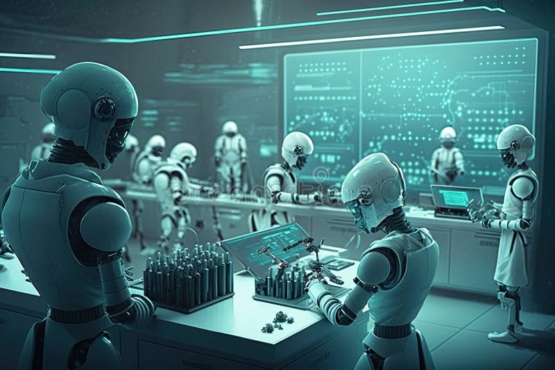 Cluster of Androids, Each Performing Different Task in Futuristic ...