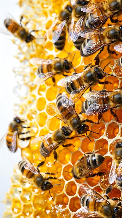 A Cluster of Bees Busy on a Honeycomb, Surrounded by White Space Stock ...