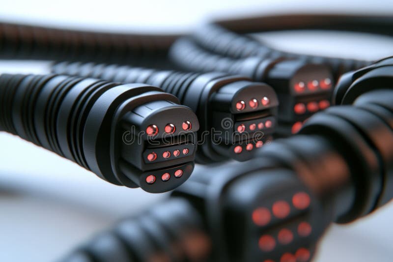 Cluster of Black Cables with Red Tipped Connectors Arranged in Rows ...