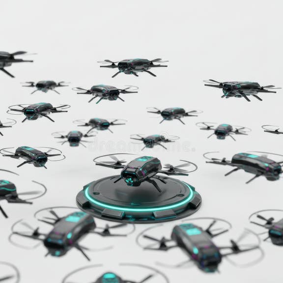 Cluster of Black Drones Hovering Over Glowing Circular Platform on ...