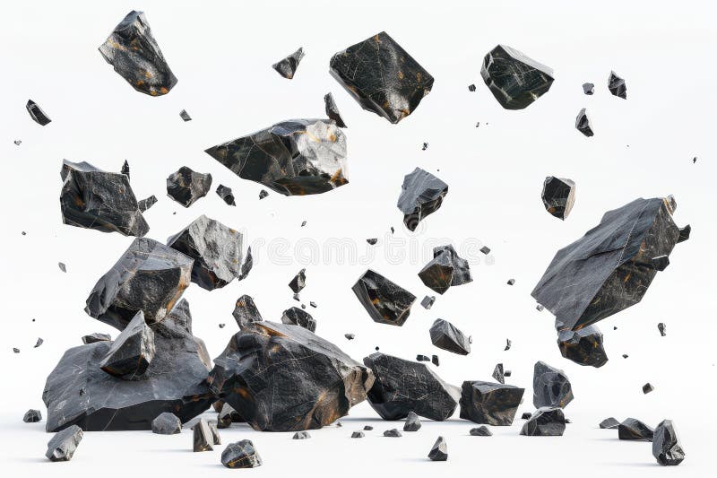 A Cluster of Black Rocks Falling Against a White Background Stock ...