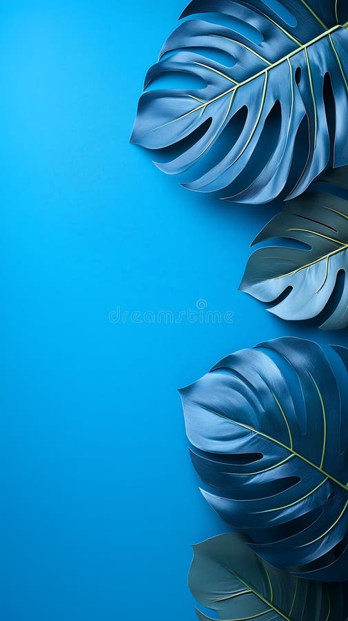 Cluster of Blue Tropical Leaves on a Gradient Blue Background, 3D ...