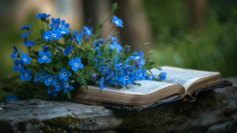 Forget-Me-Nots and Open Bible on Stone Bench Stock Photo - Image of ...